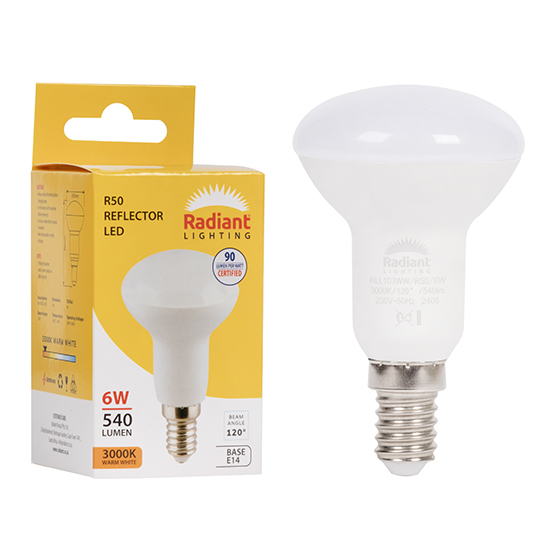 R50 Reflector 6w LED E14 3000K 105lm - Radiant Lighting